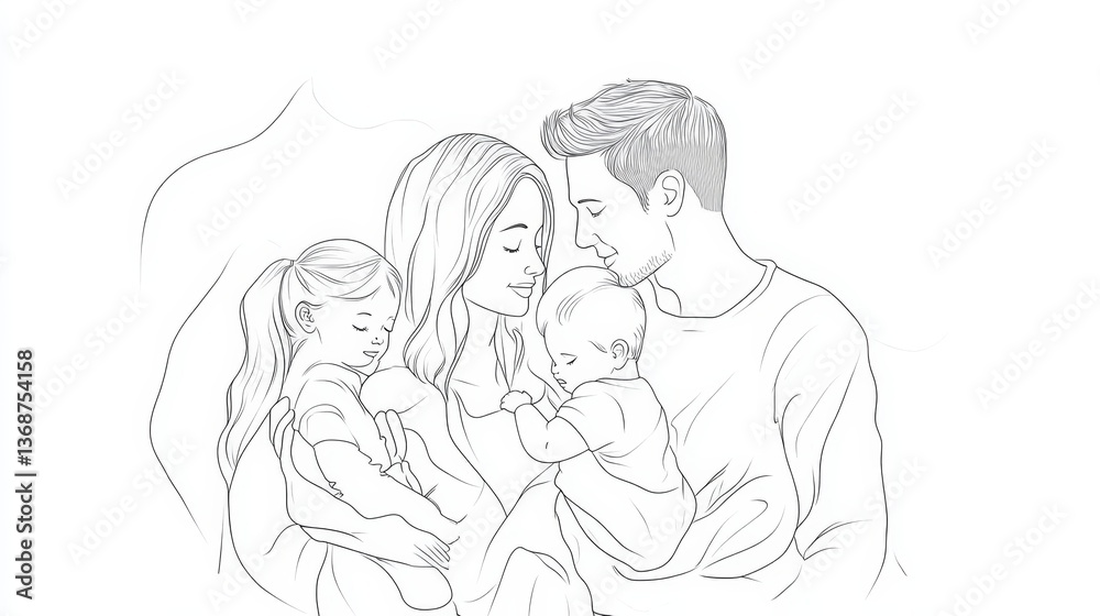 continuous line drawing of family of four holding their children - PNG ...