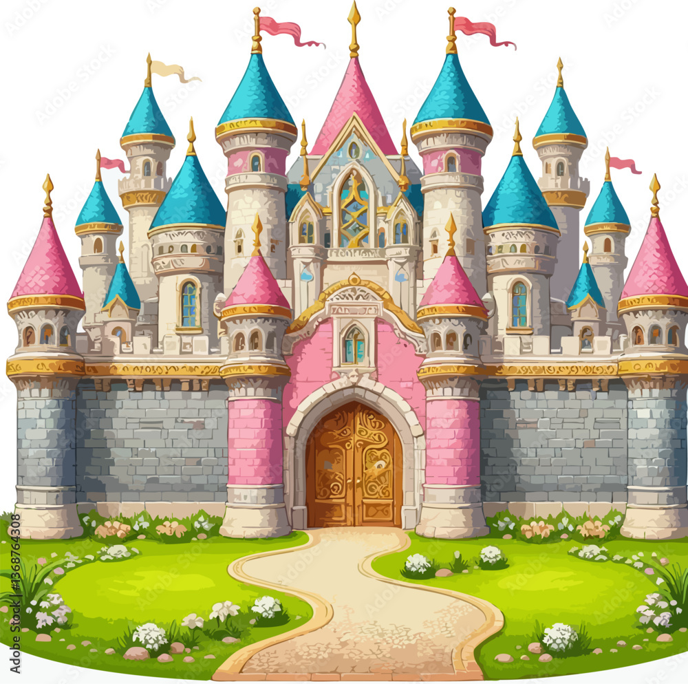 Fairytale landscape with castle. Fantasy palace tower, fantastic fairy ...