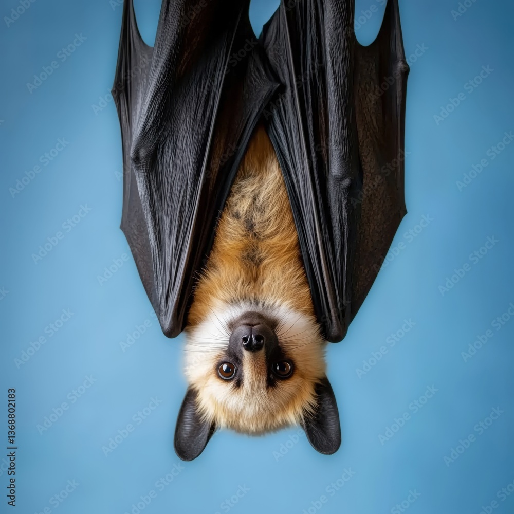 Cute bat hanging upside down with wings wrapped around its body against ...