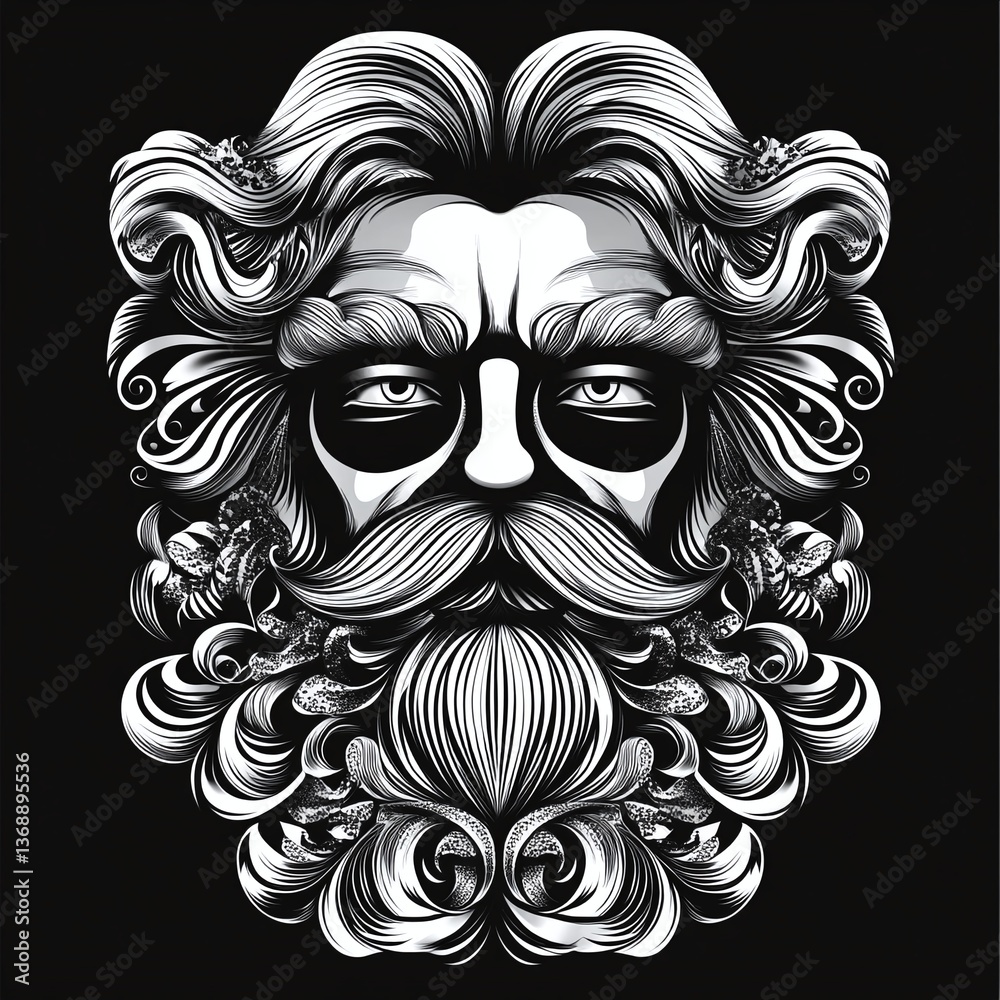 Mystical Portrait of Zeus: A striking monochrome illustration of a ...