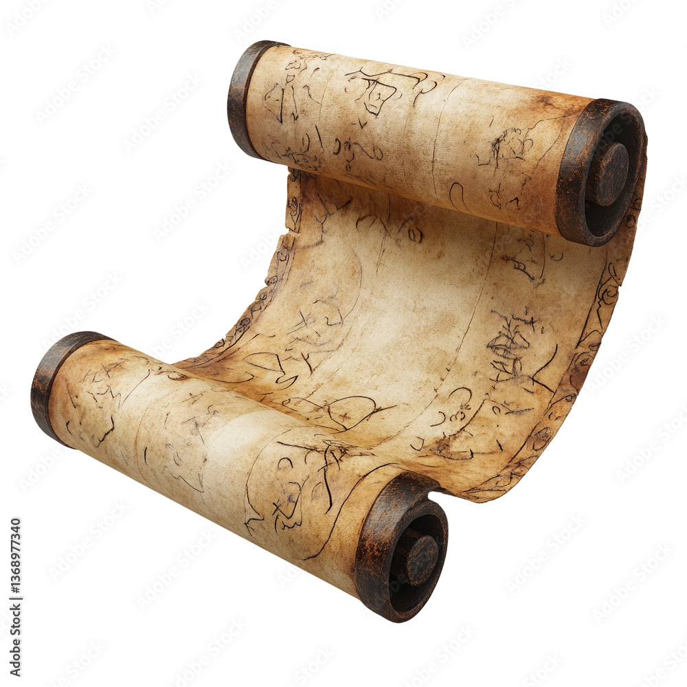 An ancient, weathered scroll unfolds, revealing cryptic symbols and ...