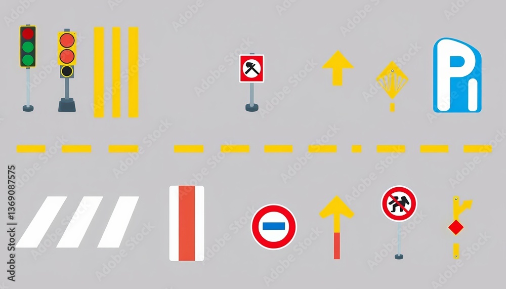 Clean vector icons depicting road markings, traffic signals ...