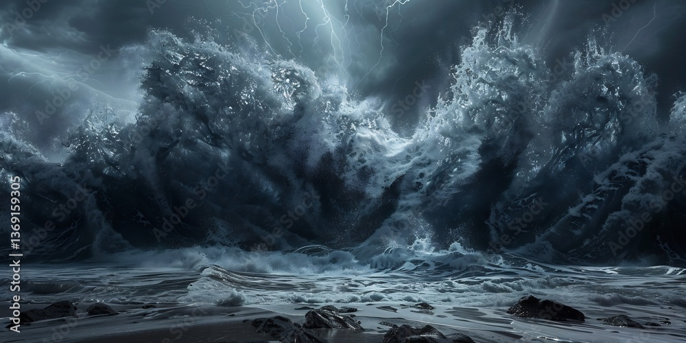 Epic tsunami like wave forming towering wall of water immense scale ...