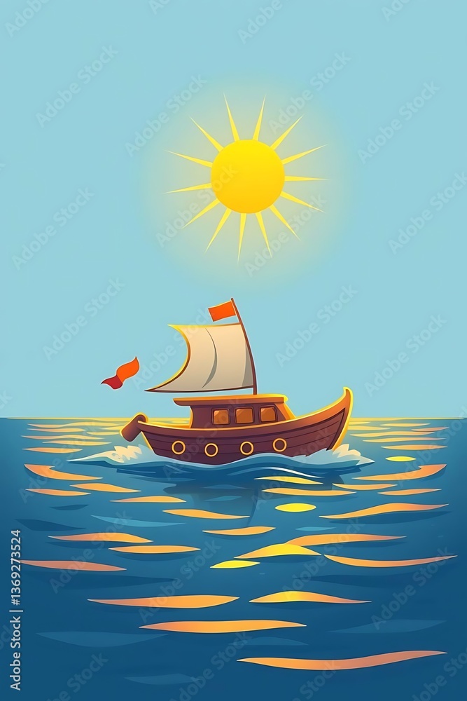 Cartoon ship sailing on ocean, sunny day Stock Illustration | Adobe Stock