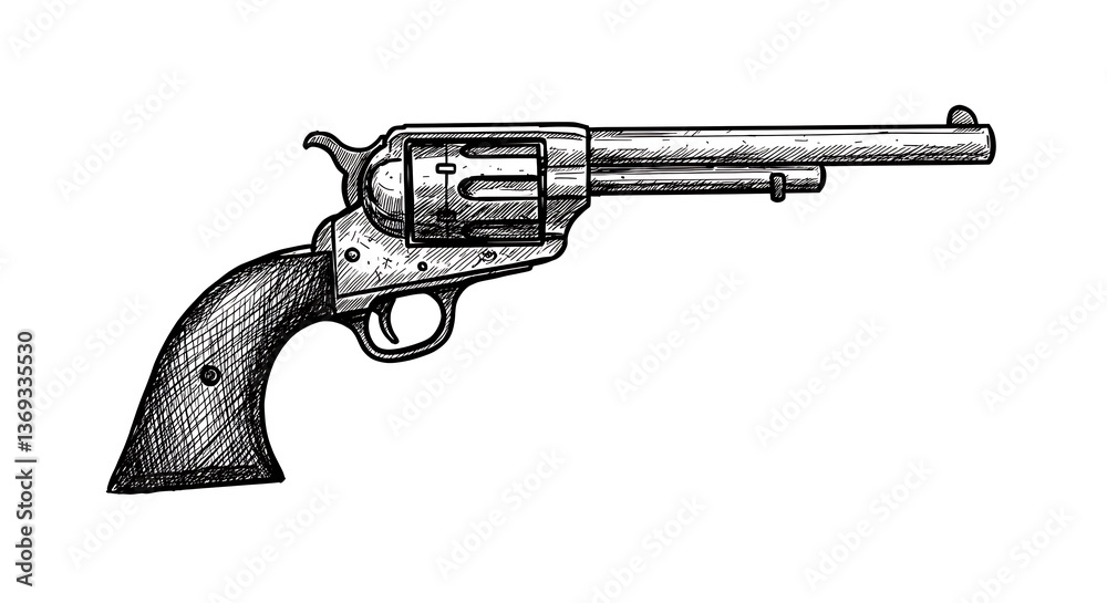 Drawing of Antique Revolver Gun Shows Old West Design Style Stock ...