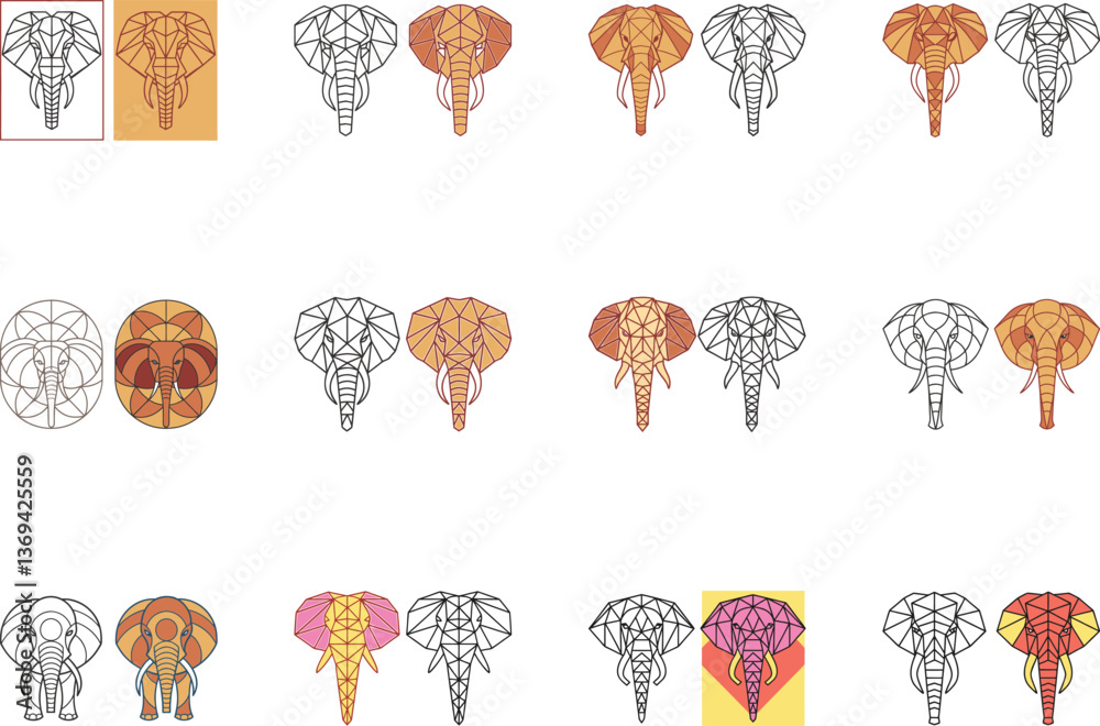 Collection of Geometric Elephant Head Designs with Line Art and Color ...