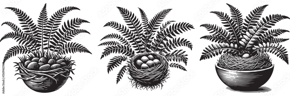 Bird's Nest Fern plant in traditional woodcut drawing, black and white ...