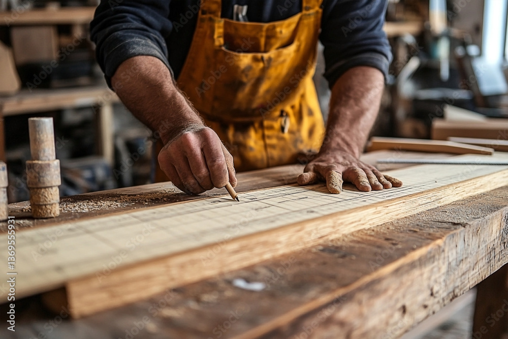 Carpenter meticulously marking wood with a precision grid for accurate ...