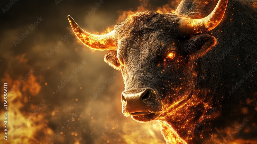 Candlestick charts glowing in fiery hues as a digital bull emerges ...