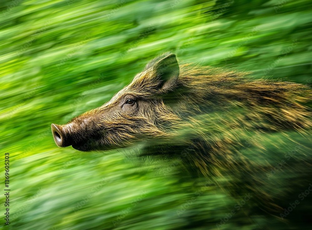 Wild boar in the forest, with a green grass background and motion blur ...