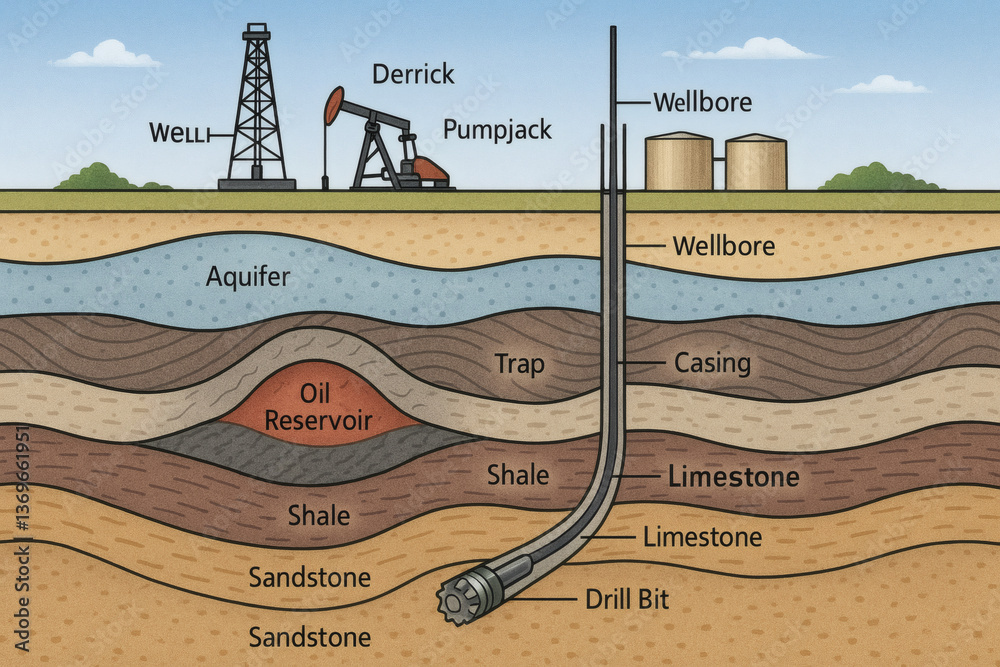 Detailed oil well diagram with labeled components and rock types Stock ...