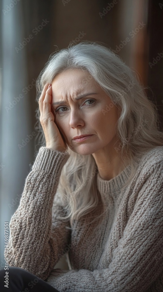 Sad depressed middle aged mature woman sitting alone at home touching ...