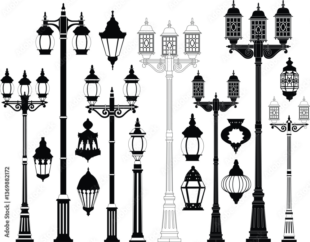 Lamp post, Street lamp vector bundle, Clipart, Silhouette, Vector ...