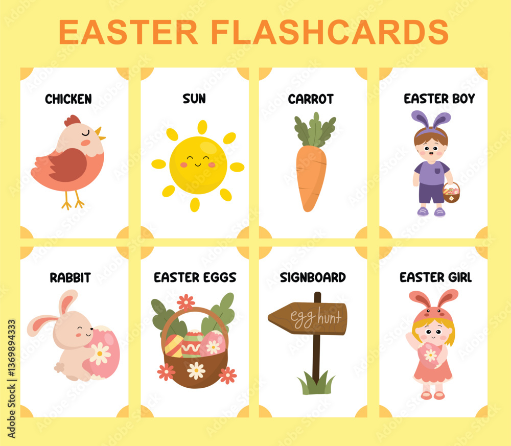 Vector Easter flash cards set. English language game flash card with ...