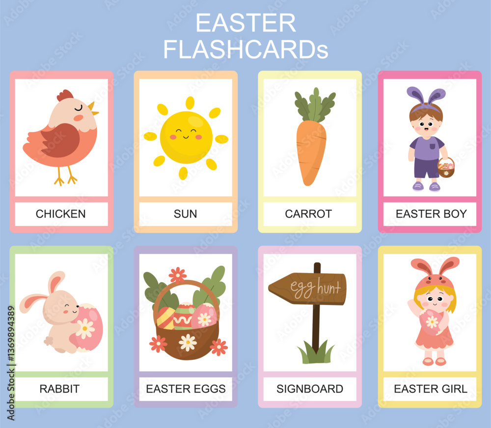 Vector Easter flash cards set. English language game flash card with ...