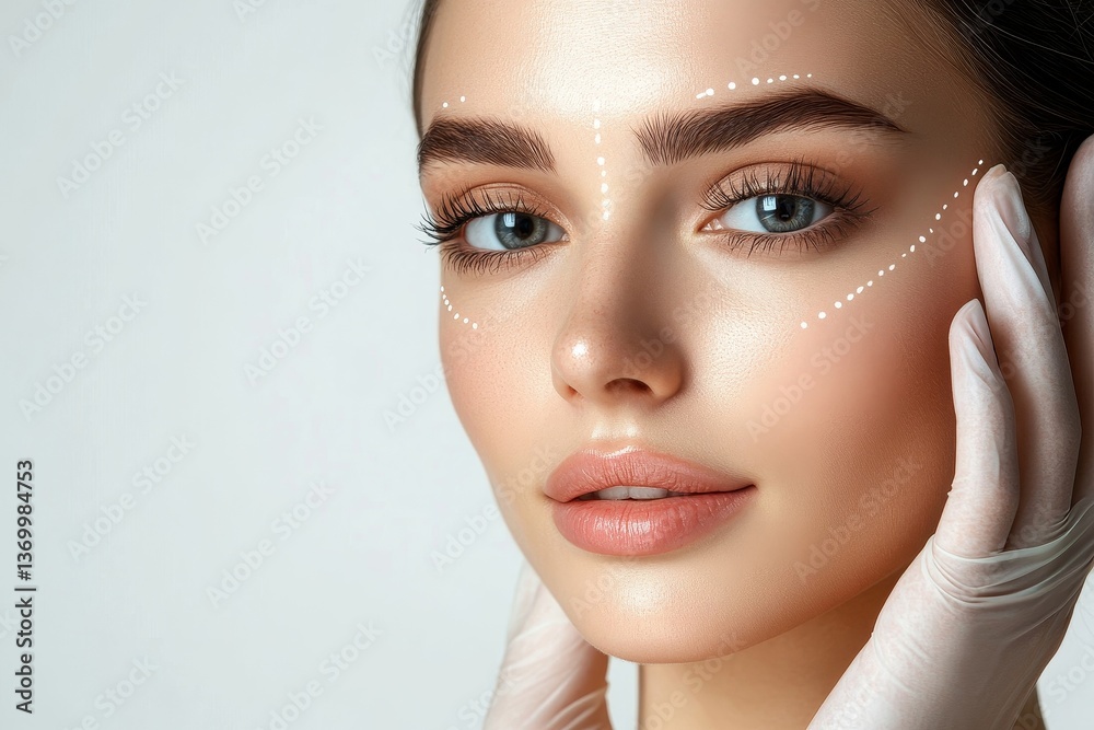 Foto de Stock Beauty injections. Lifting lines on young woman's face ...