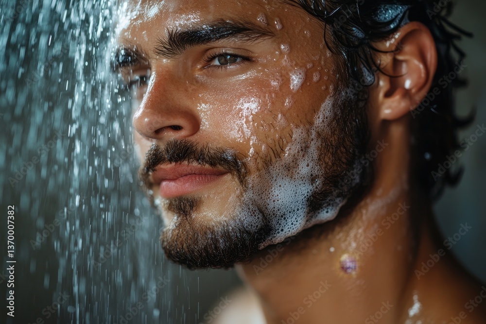 Handsome man taking shower washing face standing under falling water ...
