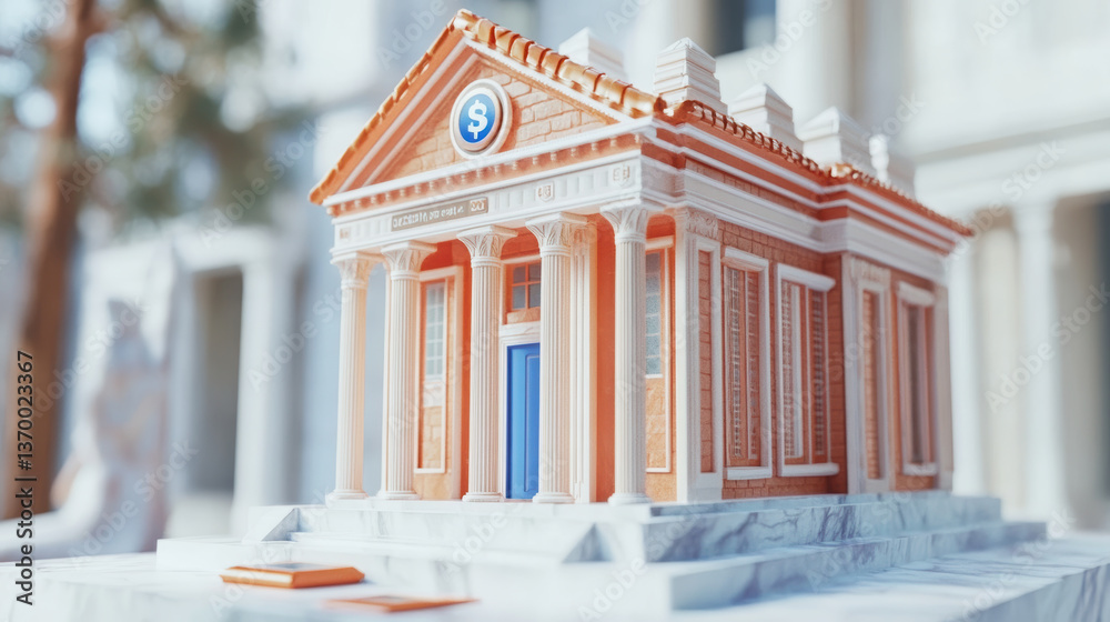 detailed model of classical bank building with columns and decorative ...