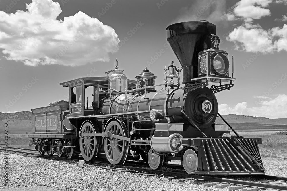 Black and white old style photo of a replica Steam Locomotive at the ...