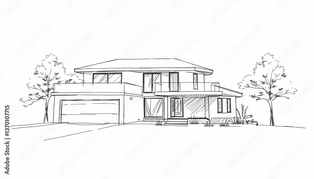 architectural sketch, modern house design, pencil drawing, white ...