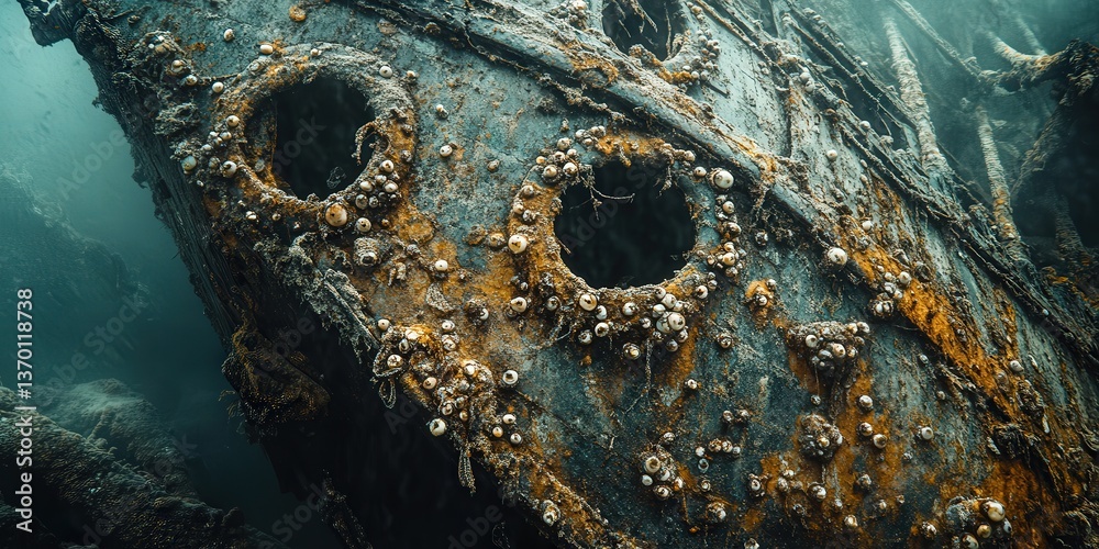 Underwater shipwreck encrusted with barnacles and rust, evoking a sense of mystery and forgotten ...