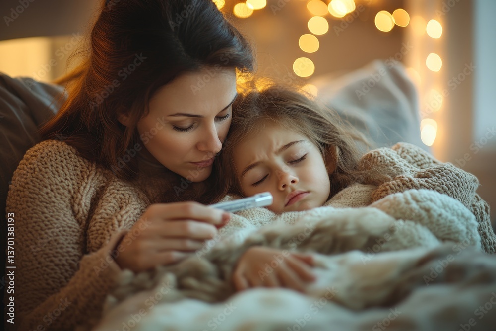 Caring mother holding digital thermometer for check temperature of her sick daughter, girl lying ...