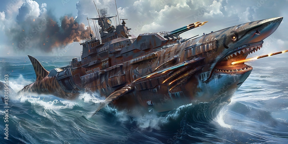 Fearsome hybrid of destroyer warship tiger shark slicing through ocean ...