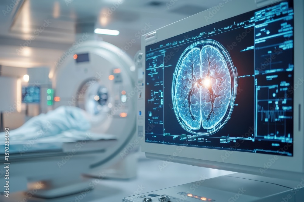 Brain scan displayed on monitor in a modern medical imaging room during patient examination ...
