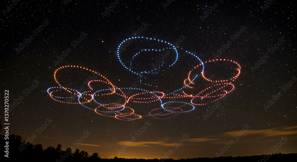 Synchronized drone light painting exhibition against the night starry ...