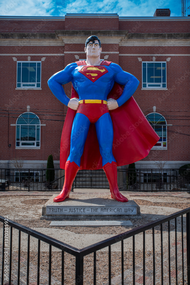 Metropolis, IL—Mar 28, 2025; Two story statue of comic book superhero ...