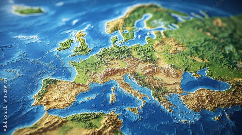 Ilustración de Stock 3d physical map rendering highlighting european countries, topographical ...