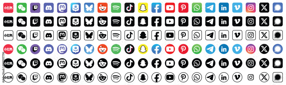 social media icons set 2025. social network logo in round, square ...