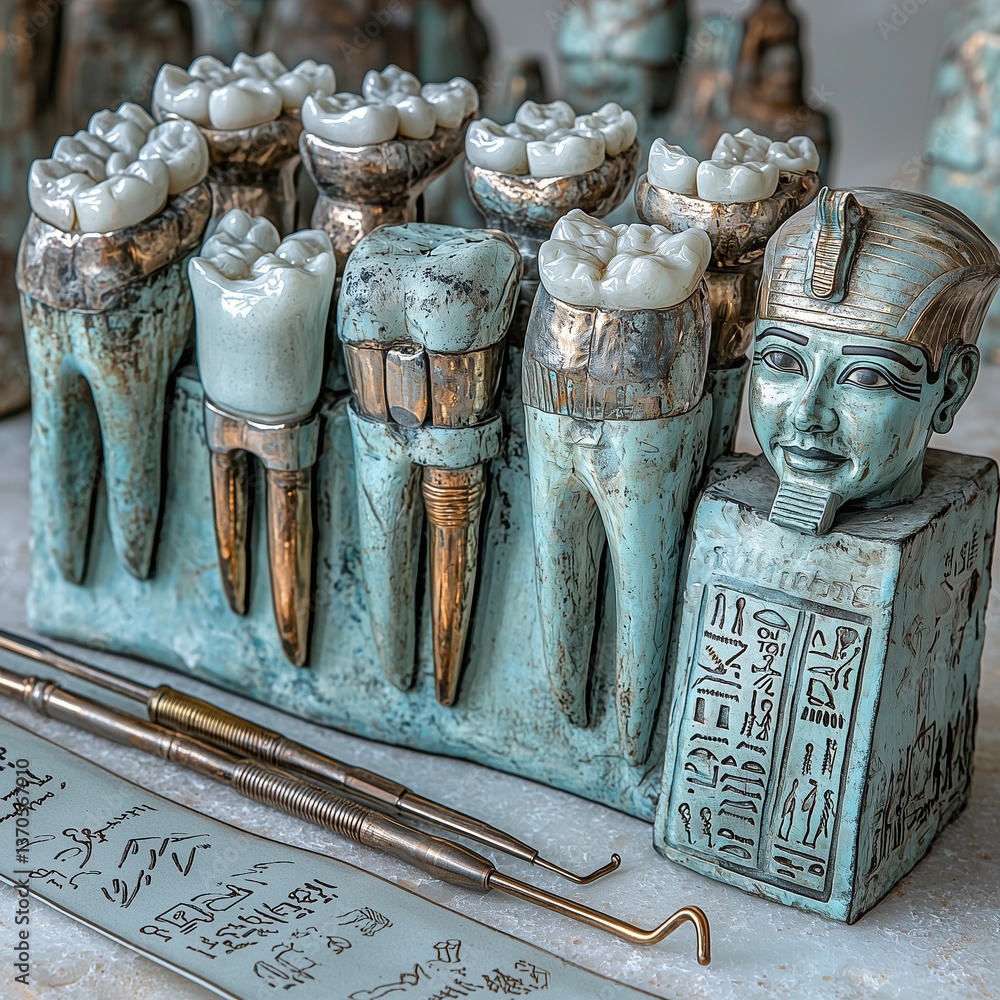 High-resolution image of ancient Egyptian dental tools arranged on a ...