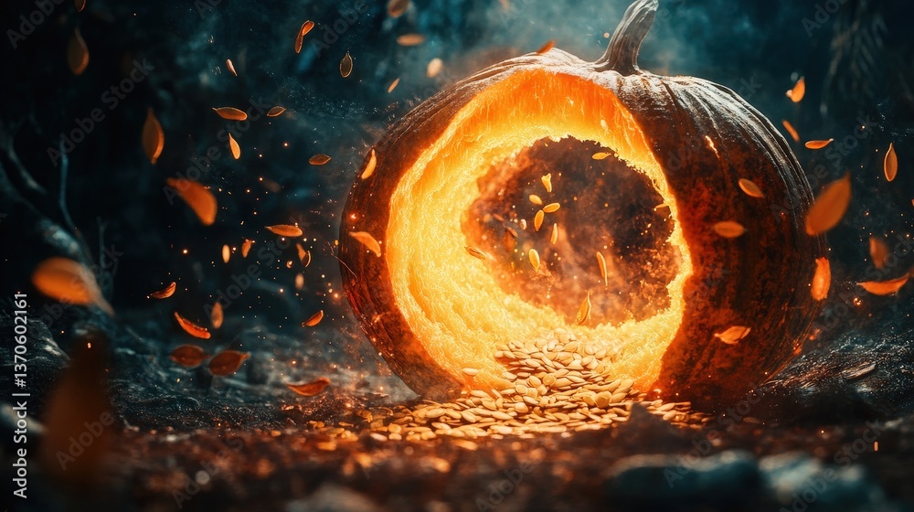 Cut-open pumpkin as a portal, seeds swirling into a glowing vortex ...