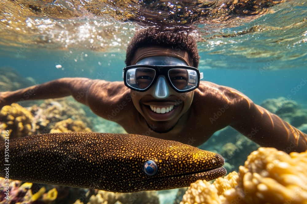 Dangerous long moray eeld and happy joy adult man swims among the ...