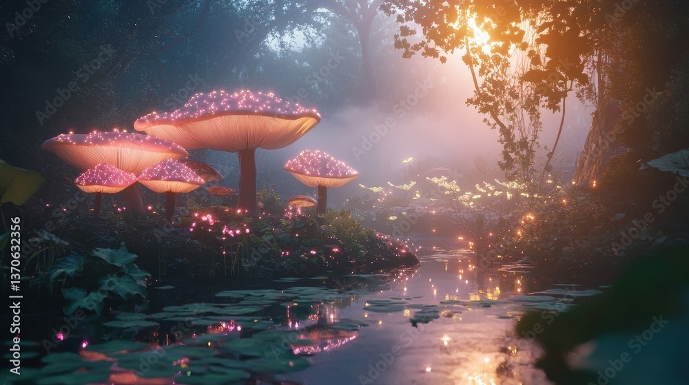 Luminous Fantasy Mushroom Forest at Twilight with Giant Glowing ...