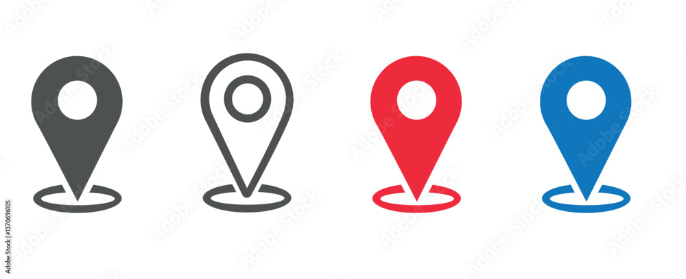 Set of location pin icons. Map marker pointer symbols, GPS location. Navigation map, location ...