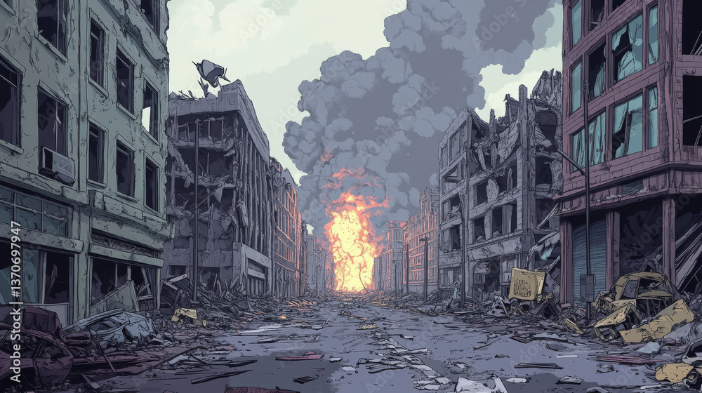 Destroyed city street with broken houses, fire and smoke. Vector ...