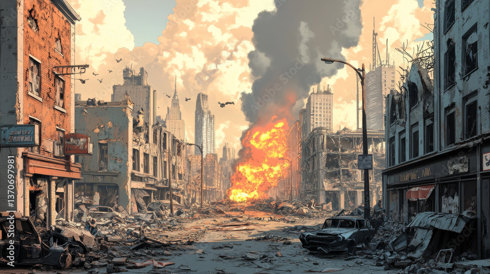 Destroyed city street with broken houses, fire and smoke. Vector ...