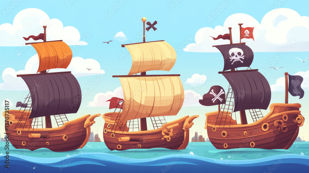 Sail and pirate boat with sails. Cartoon vector illustration set of ...