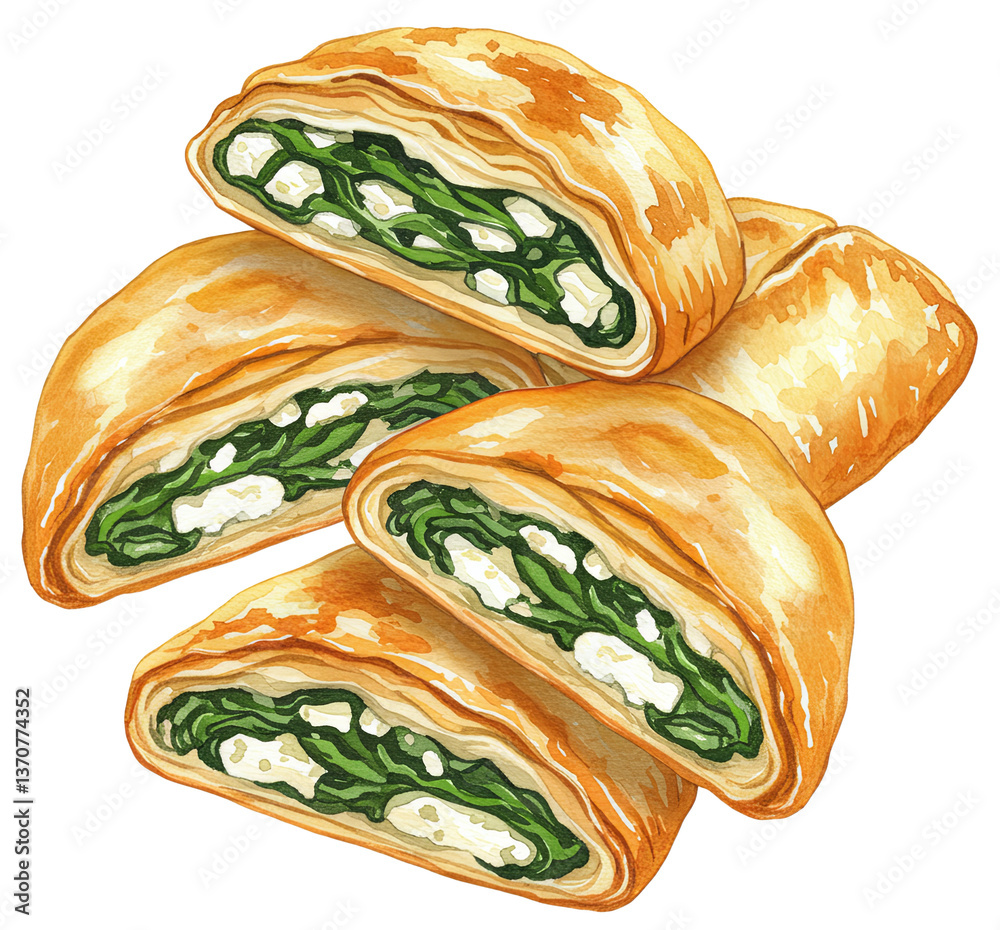 Greek spanakopita spinach and feta pastries in filo dough, watercolour ...