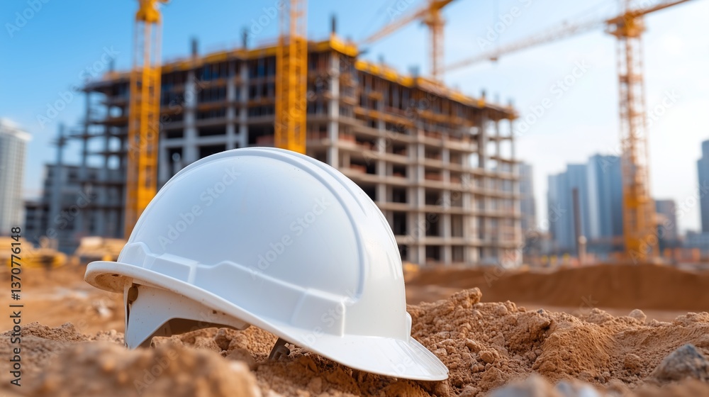 Safety helmet resting on dusty ground, construction cranes lifting ...