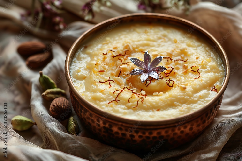 Saffron infused Rabri served chilled in a copper bowl, thick creamy ...