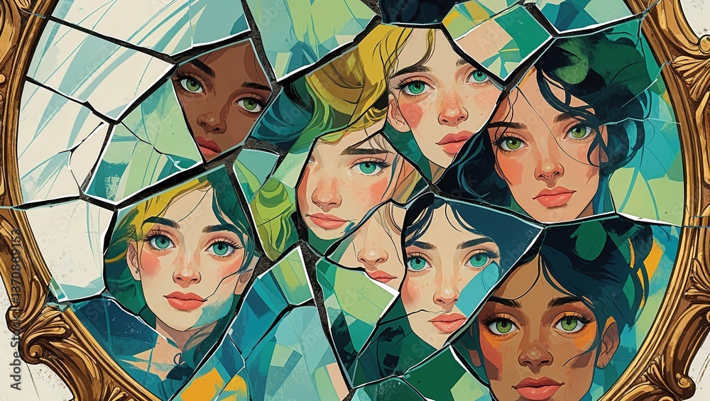 Nine young women with distinctive features and hairstyles are depicted ...