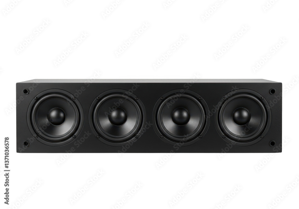 Rectangular black speaker with four circular audio drivers aligned ...