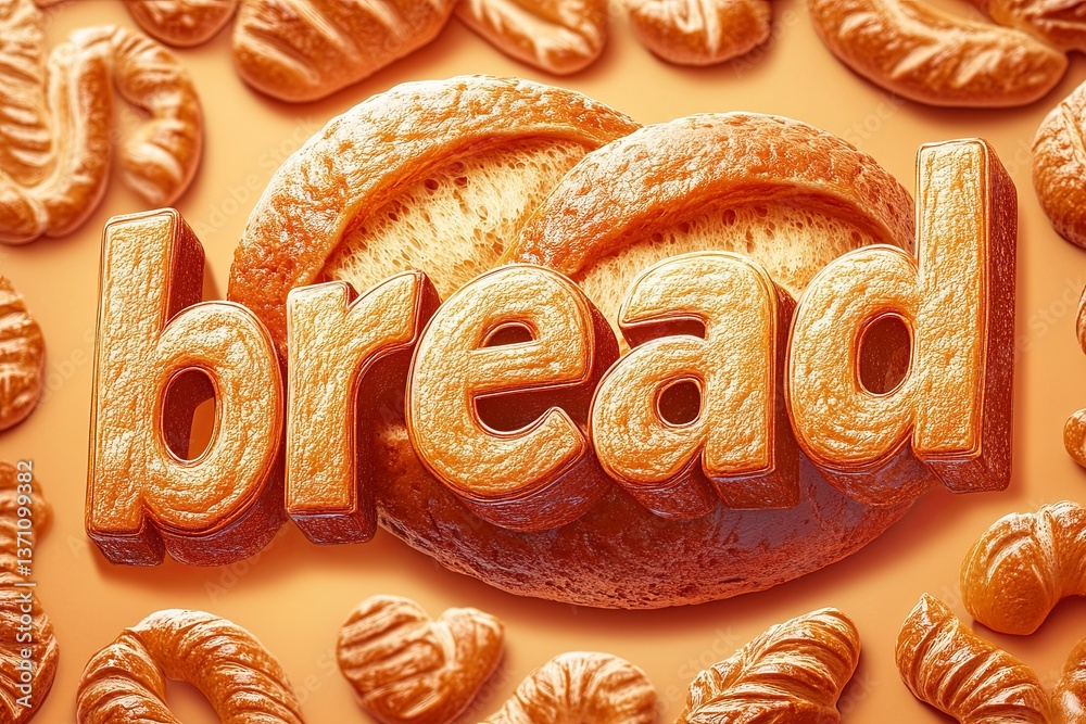 Word "bread" shaped from slices placed on braided loaf with crumbs on ...