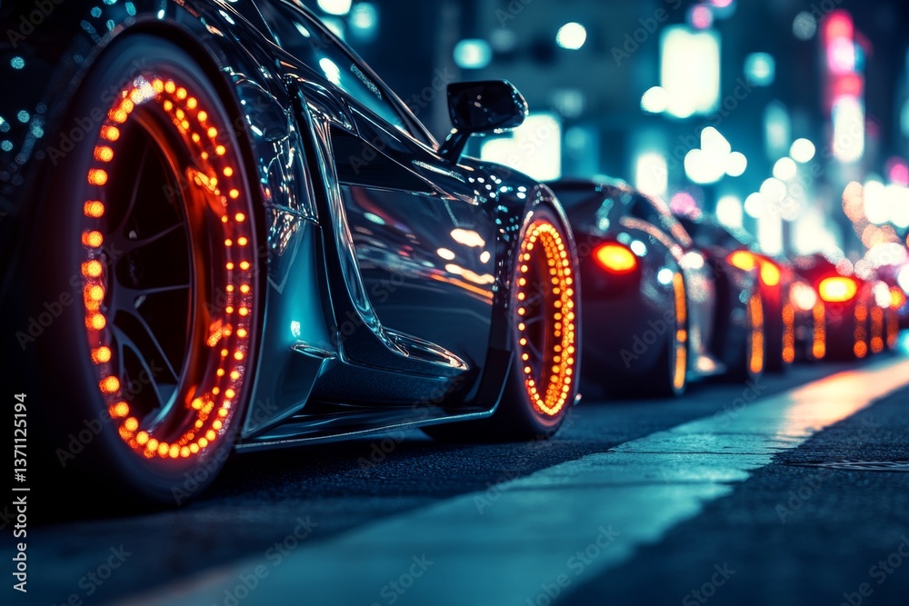Cinematic close up of sports cars with illuminated wheels lined up on a ...