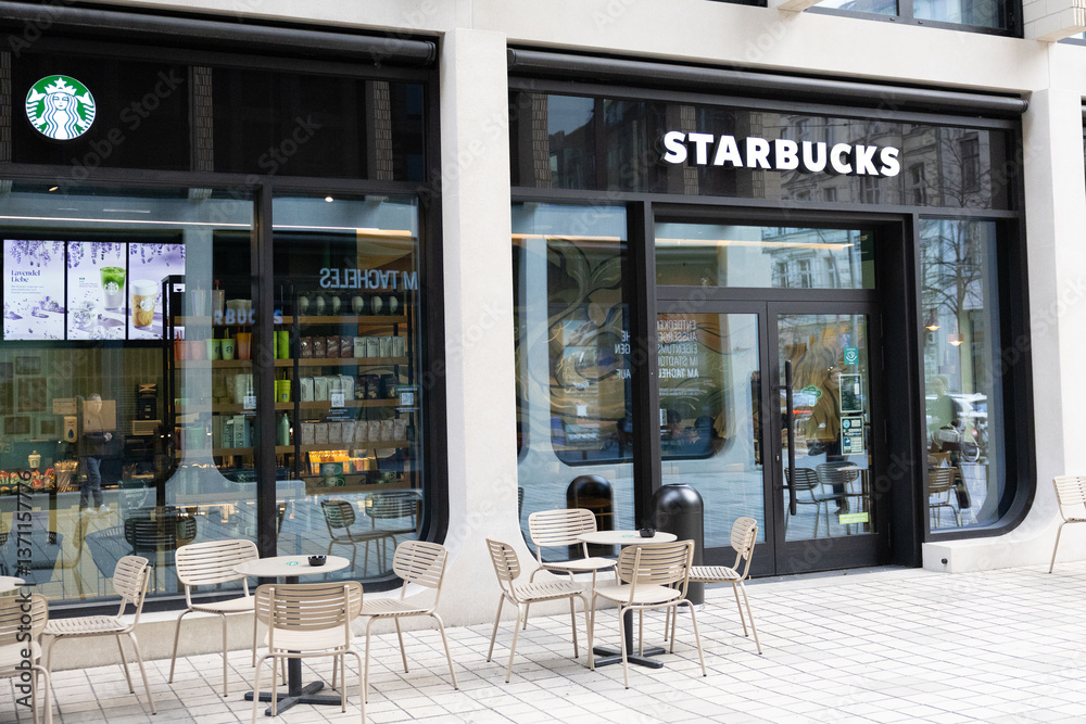 BERLIN, GERMANY – MARCH 29, 2025: Exterior view of Starbucks coffee ...