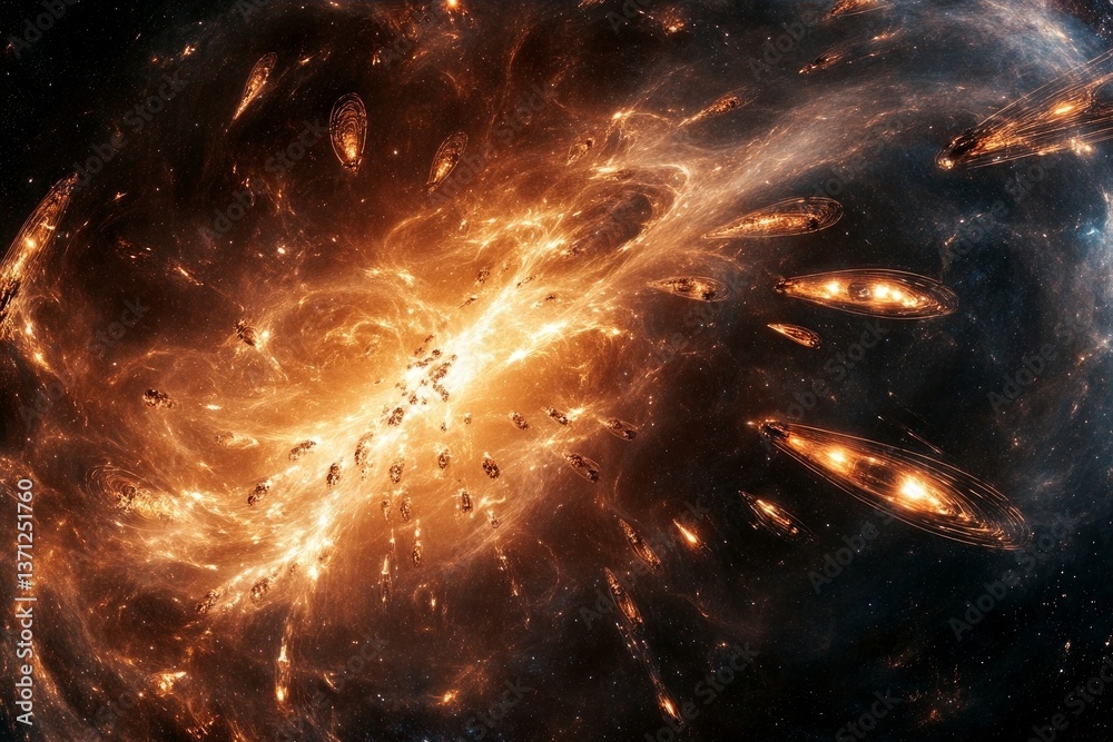 fleet of generation ships in deep space, their engine trails forming a ...