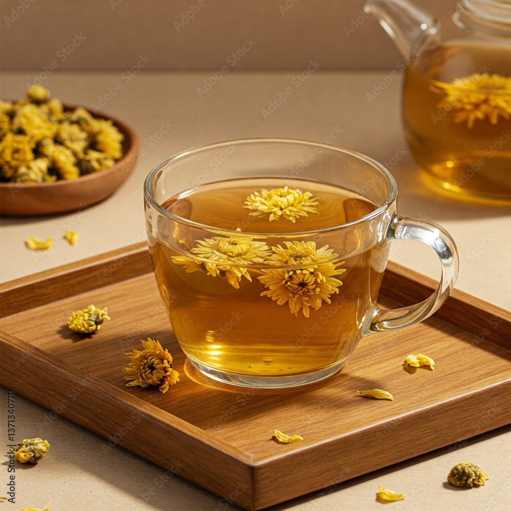 Korean Chrysanthemum Tea (Gukhwa Cha) in a Transparent Glass Teacup ...